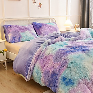 A Nice Night Shaggy Fluffy Faux Fur Duvet Cover Set, Tie Dye Style,Softest, Luxury Ultra Soft Crystal Velvet Bedding Sets, Zipper Closur (Queen, Purple-Blue)