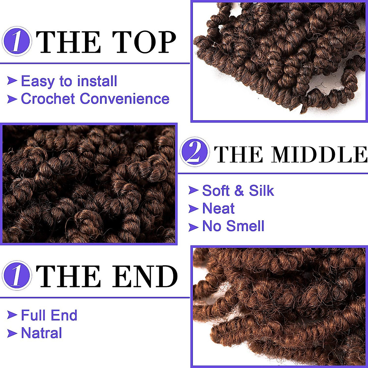 3 Packs 10 inch Ombre Synthetic Crochet Braids - Pre-twisted Fluffy Curly Hair Extensions 15 strands/pack (T1B/30#)