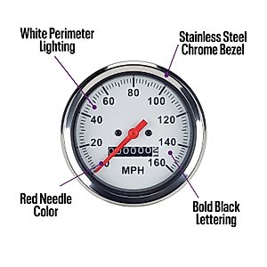 5-Gauge Set Complete Kit: 3-3/8" Mechanical Speedometer, 2-1/16" Component Gauges with White Face, Red Pointer & Chrome Bezel, Includes Tubing, Adapters, Fuel Level Sender