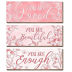 Pink Room Decor, Pink Wall Decor for Girls Bedroom, You Are Beautiful You Are Enough You Are Loved Sign, Positive Quotes Inspirational Wall Signs for Women, Wooden Hanging Wall Plaques