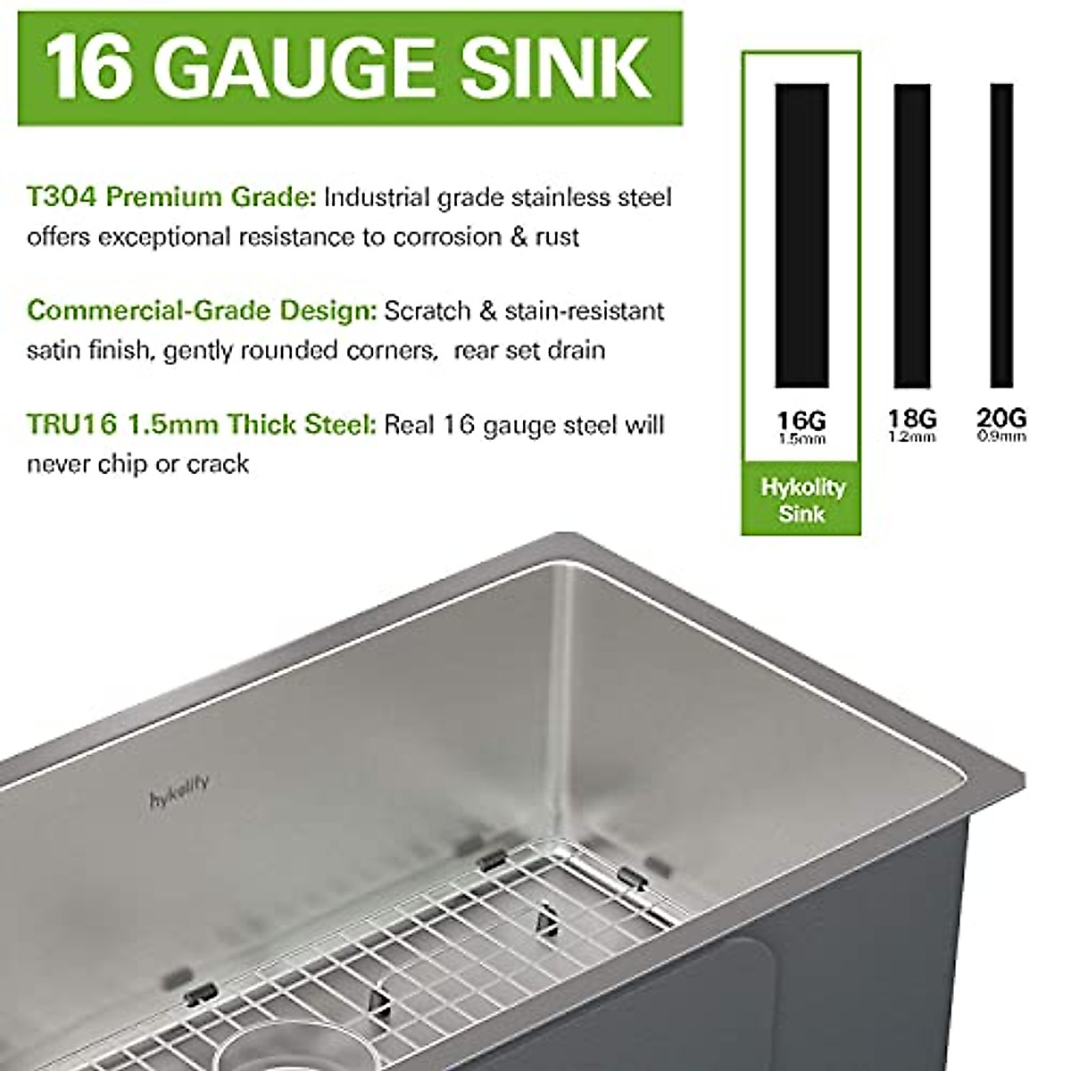 Hykolity 30-inch Undermount Kitchen Sink, 16 Gauge Single Bowl Stainless Steel Kitchen Sink with Strainer & Bottom Grid, 30" x 18" x 9"