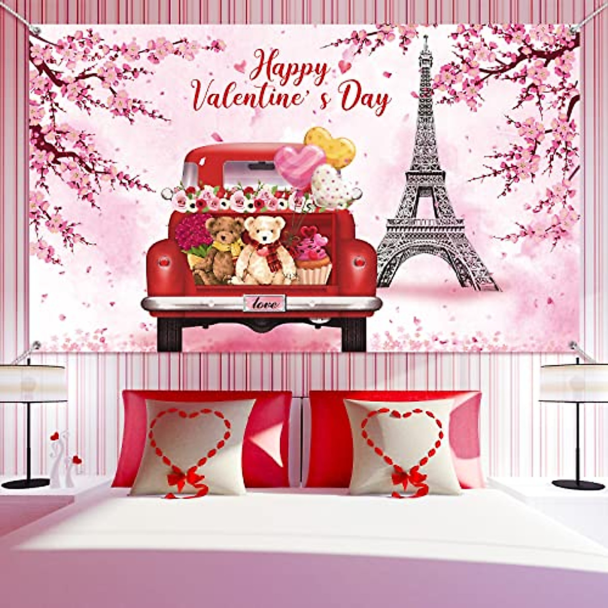 72.83 x 43.31 inch Valentine's Day Backdrop Banner Happy Valentine's Day Photography Props Backdrop Large Fabric Pink Flowers Trees Paris Eiffel Tower Banner for Valentines Party Supplies and Decor