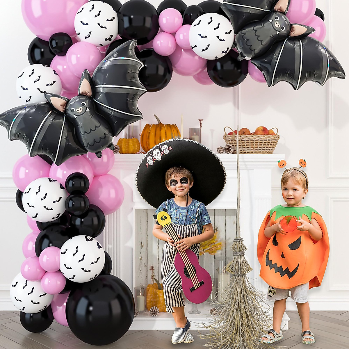 HOUSE OF PARTY Halloween Bat Balloon Garland Kit, 18/12/10/5 inch Black Pink White Balloons Arch with 2 Pcs 40'' Large Bat Foil Balloon, Bat Latex Balloons for Indoor Halloween Party Decorations