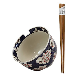 Ebros White Cherry Blossoms Sakura Mosaic Style Blue Ramen Udong Noodles 5" Diameter Bowl With Built In Chopsticks Rest and Bamboo Chopstick Set for Dining Soup Rice Meal Bowls Decor Kitchen