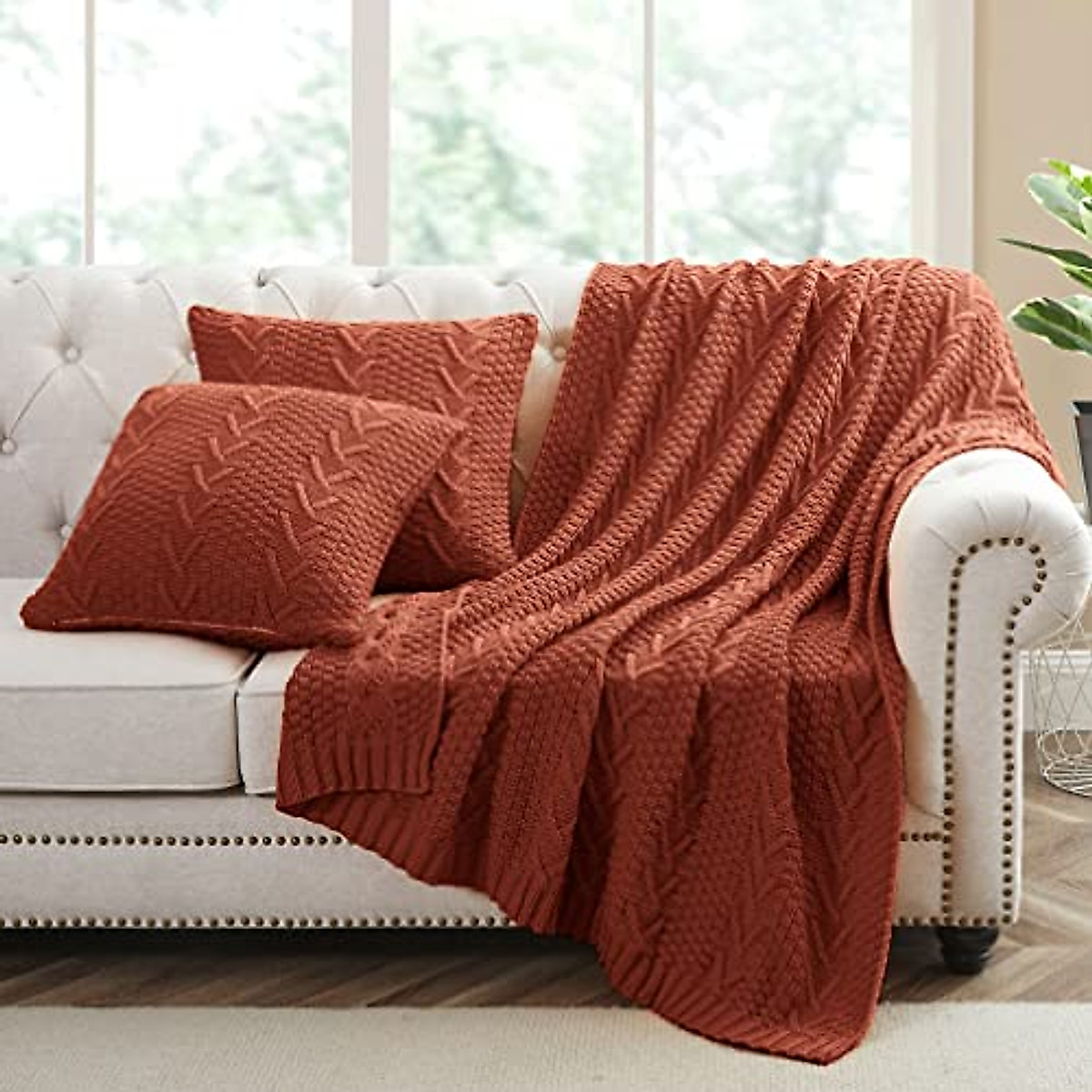 Aormenzy Knitted Throw Blanket (50" x 60") and 2 Pillow Covers (18" x 18"), 3 Piece Rust Throw Blanket Set, Decorative Throw Blankets for Couch Sofa Bed Living Room