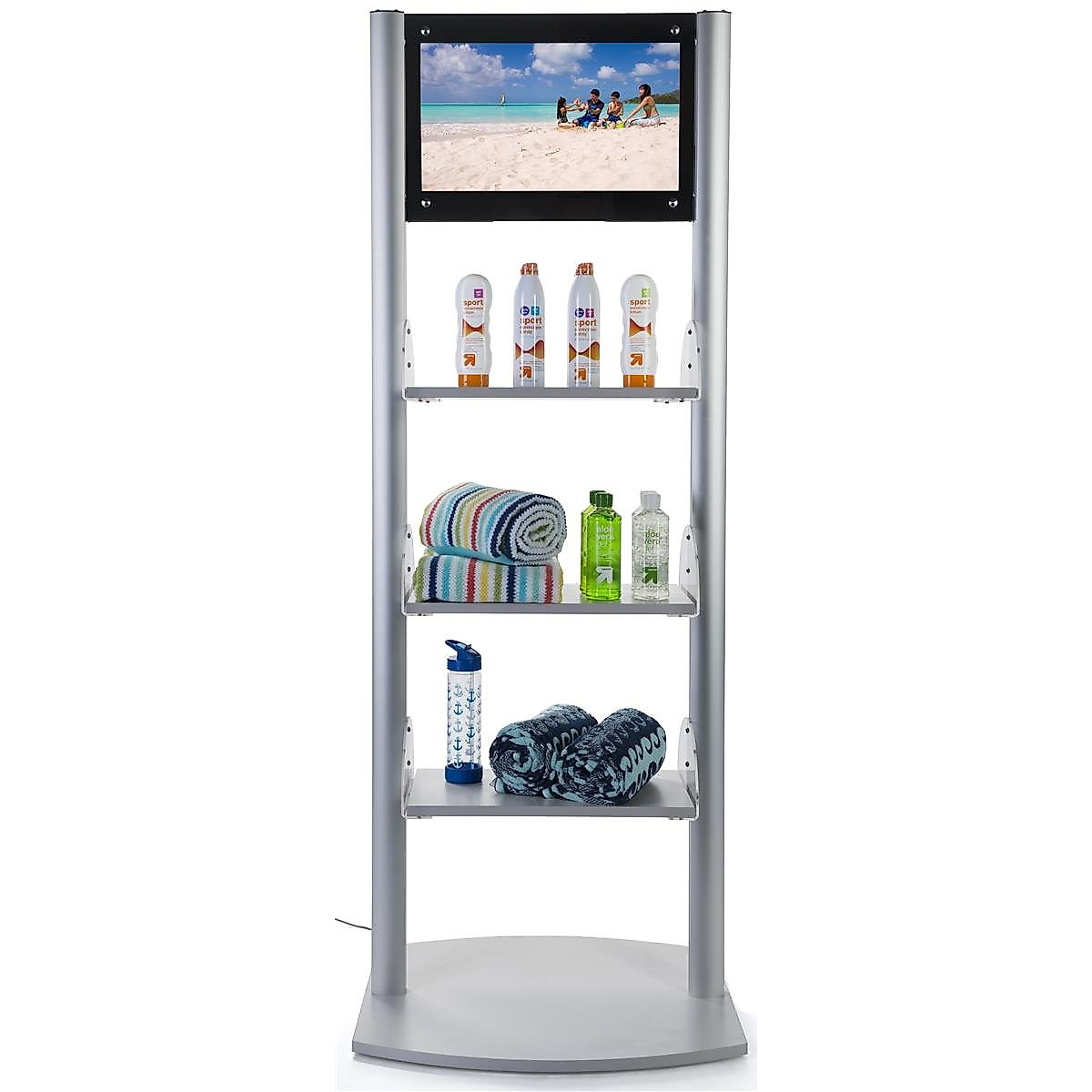 Displays2go 73.25”h Aluminum Tiered Digital Display with 3 Adjustable Shelves and 21.5” LCD Screen – Silver (DRS21SV)