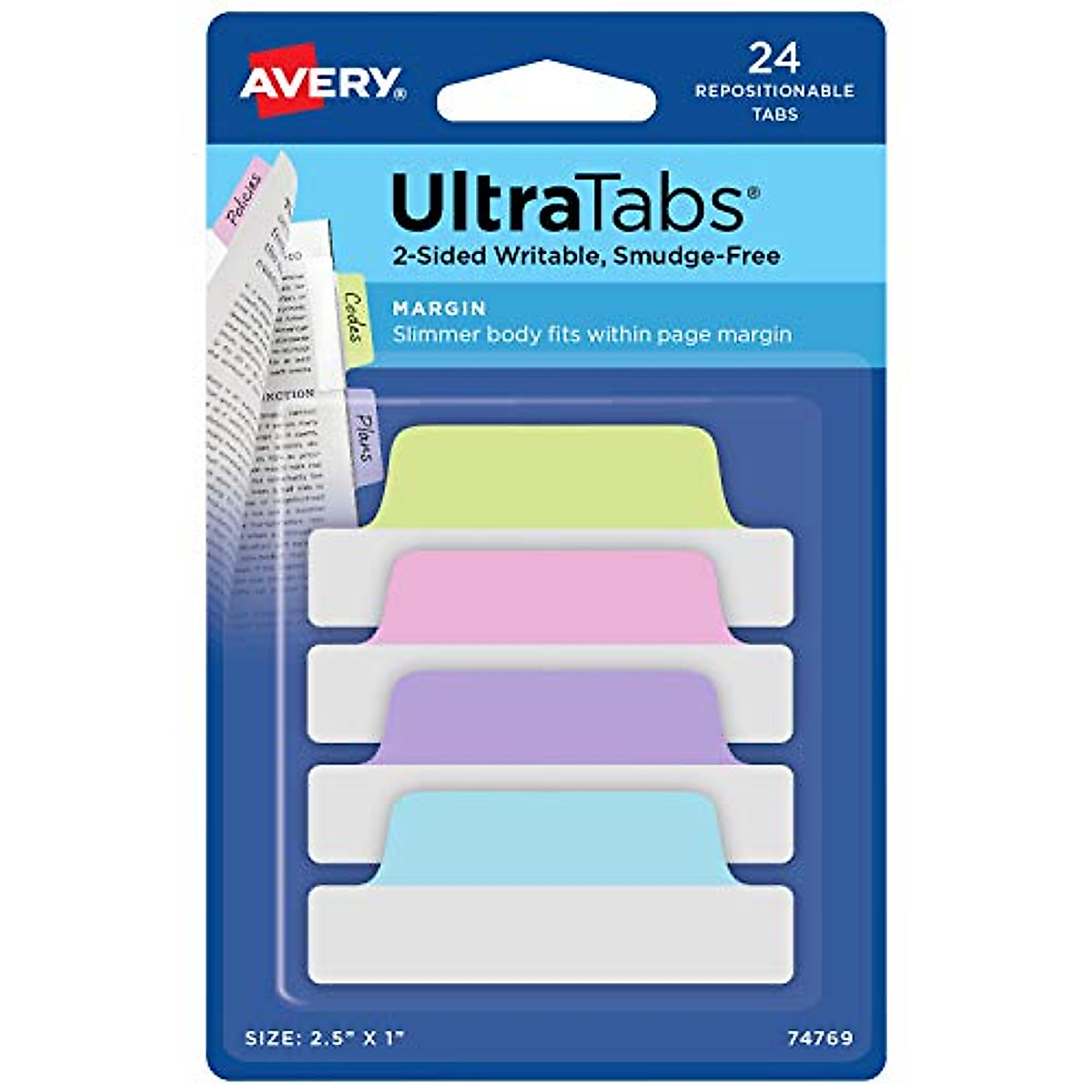 Avery 74769 Ultra Tabs, 2.5 x 1 Inch, 2-Side Writable, Pastel Blue/Pink/Purple/Green, 24 Repositionable Margin Tabs & Margin Ultra Tabs, 2.5" x 1", 2-Side Writable, Assorted Colors, 24 (74768)