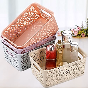 Frcctre 8 Pack Plastic Storage Baskets with Handle, Portable Hollow Desktop Storage Baskets, Stackable Organize Bins for Home, Bathroom, Classrooms, Office, School, Flower Pattern