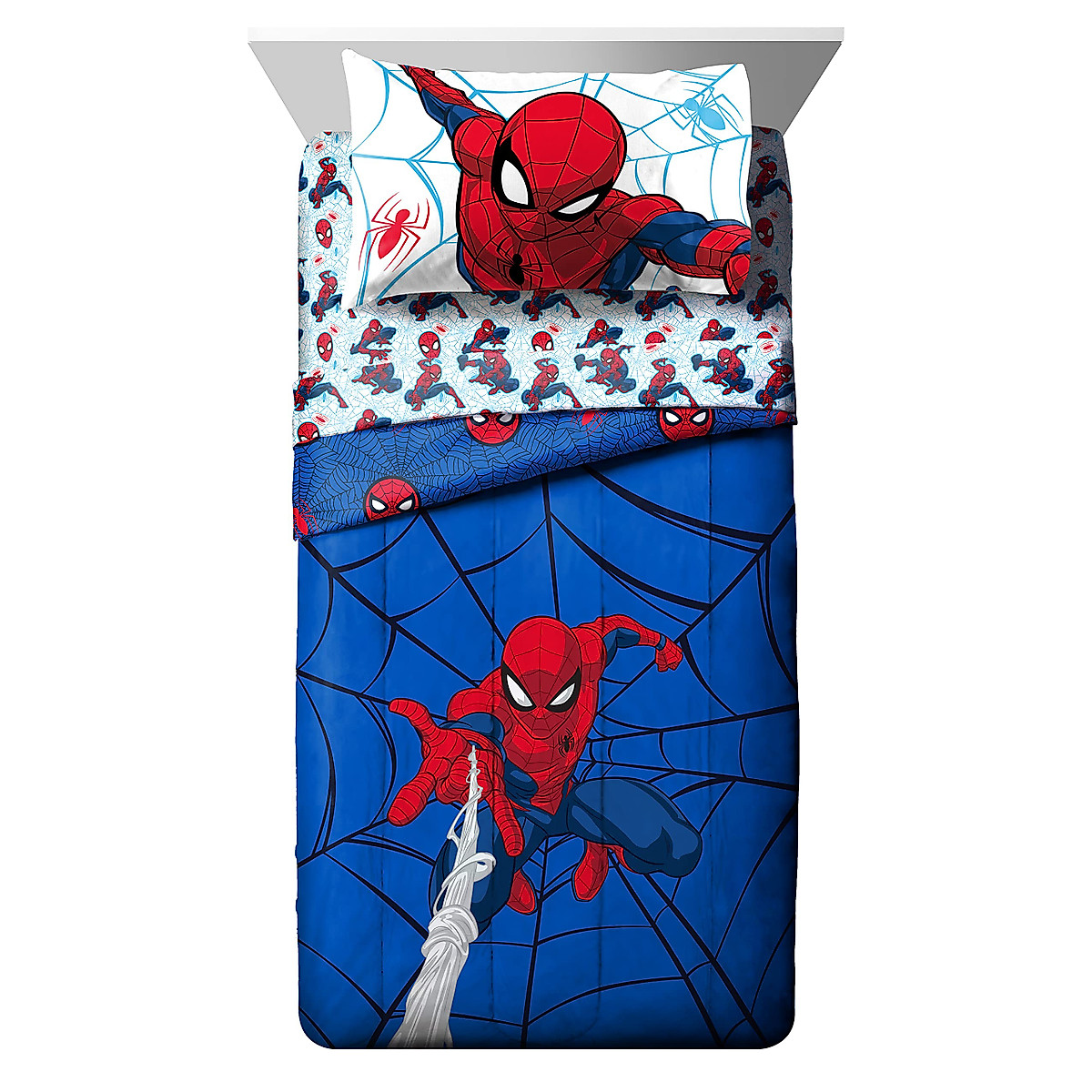 Jay Franco Marvel Spiderman Webtastic 4 Piece Toddler Size Bed Set – Super Soft Microfiber Bed Set Includes Toddler Size Reversible Comforter & Sheet Set Bedding (Official Marvel Product)