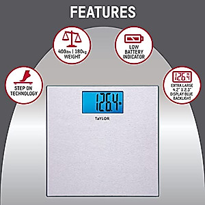 Taylor Precision Products Digital Scales for Body Weight, Highly Accurate 400 LB Capacity, Unique Blue LCD, Auto on and Off Scale, 11.8 x 11.8 Inches, Stainless Steel