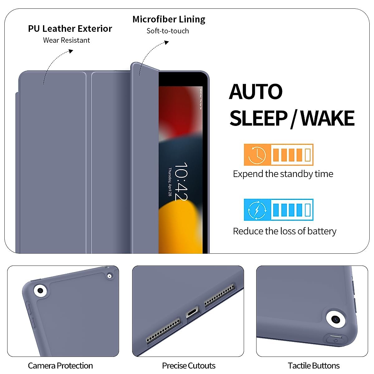 KenKe for iPad 9th Generation Case/ 8th Generation Case/ 7th Generation Case with Pencil Holder, For iPad 10.2 Inch 2021/2020/2019 Protective Case with Soft TPU Back,Auto Wake/Sleep Cover, Purple Gray
