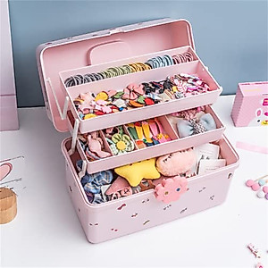 Hair Accessories Storage Box for Girls Hair Supplies Craft Organizers and Storage Plastic Box with 3-Tier Fold Tray and Handle,Portable Lockable Container for Arts Crafts Cosmetic Sewing Toy