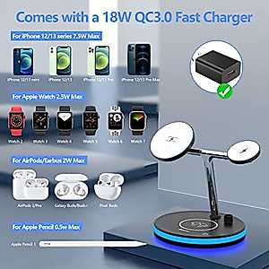 Magnetic Wireless Charging Station, KOOPAO 4 in 1 Fast Charger Dock Stand Compatible with iPhone 12/13,Pro, Pro Max, Mini, iWatch 7/6/SE/5/4/3/2, AirPods 2/ Pro, 1ST Pencil (with QC 3.0 Adapter)