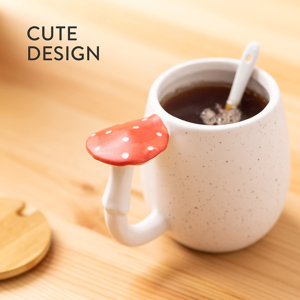 Navaris Mushroom Mug with Lid and Spoon - Ceramic Cup for Coffee, Tea, Hot or Cold Drinks - 12 oz Novelty Drink Holder Set Cute Bamboo Lidded Design