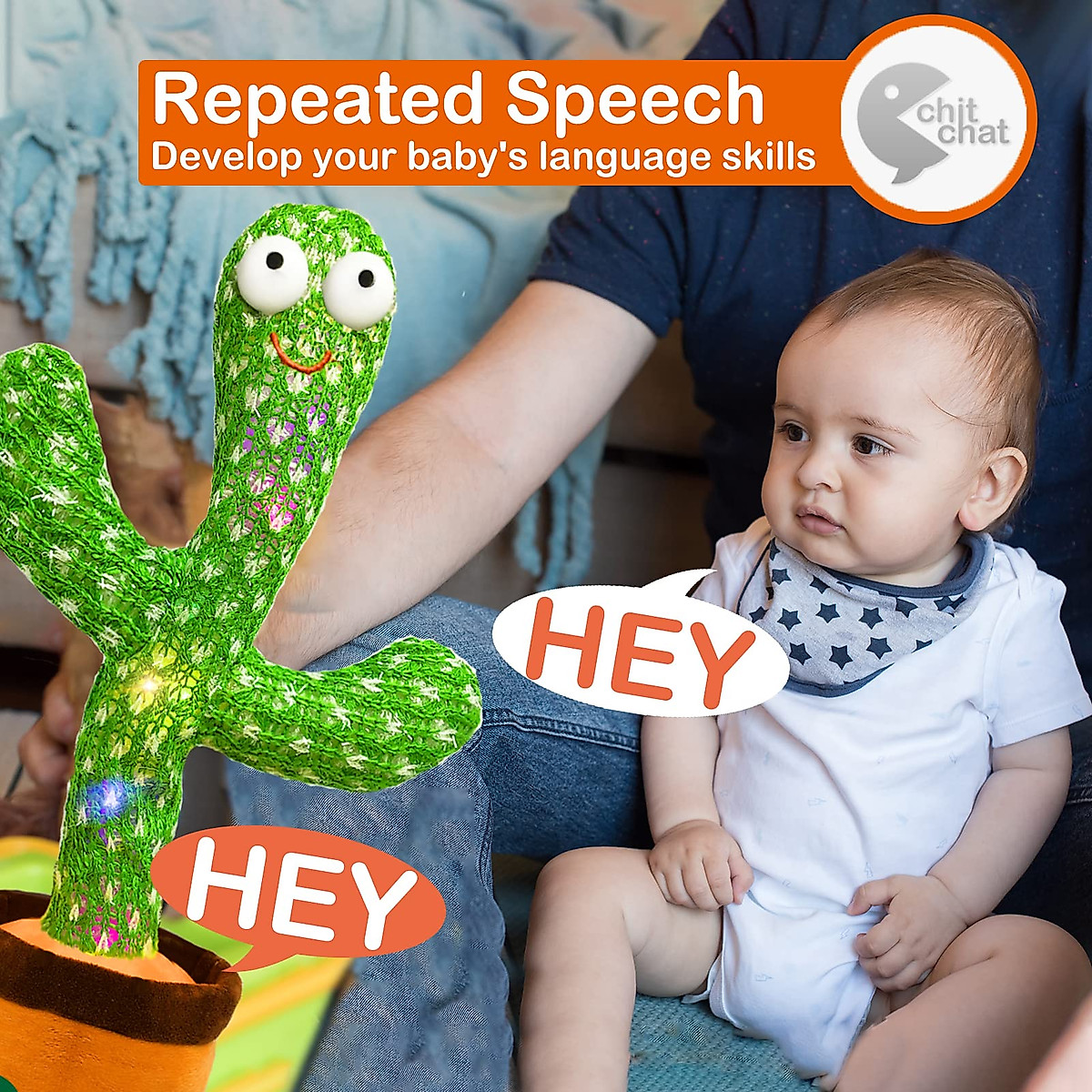 Hunfur Talking Cactus Toy That Talks Back,Volume Adjustment Dancing Mimicking Cactus Baby Toy,Singing Record Repeat What You Say, Sunny Silly Light Up Tummy Time Funny Gift for Toddler Boys Girls Toys