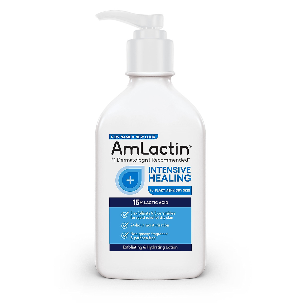 AmLactin Intensive Healing Body Lotion for Dry Skin, 7.9 oz Pump Bottle, 2-in-1 Exfoliator and Moisturizer with Ceramides and 15% Lactic Acid for 24-Hour Relief from Dry Skin (Packaging May Vary)