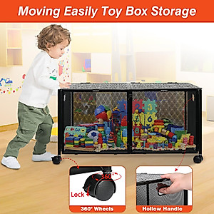 Haturi Large Metal Toy Box Storage, 2 Pack Large Toy Storage and Organizer with Metal Lid, Sturdy Toy Organizer with Wheels, Storage Boxes Bins for Playroom, Living Room, Bedroom (Black Collapsible)