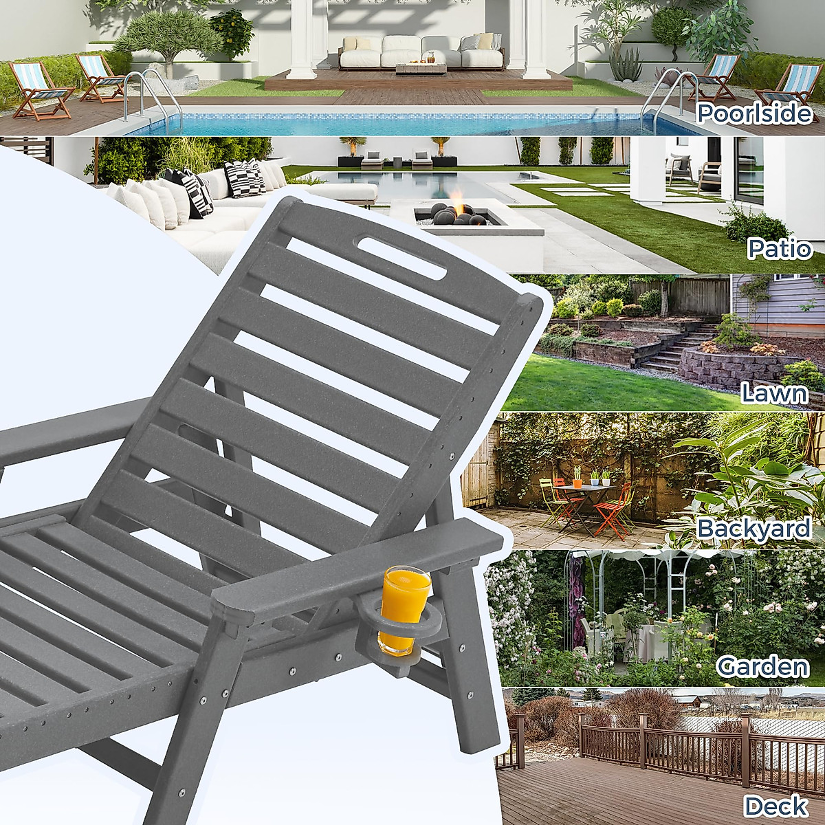 Outdoor Chaise Lounge Chair,Heavy Solid Patio Chaise Lounge with Arm/Cup Holder,HDPE Lounge Chair Outdoor[Wind Resistant and 100% Waterproof],400LBS Adirondack Lounge Chair with 5-Position Backrest