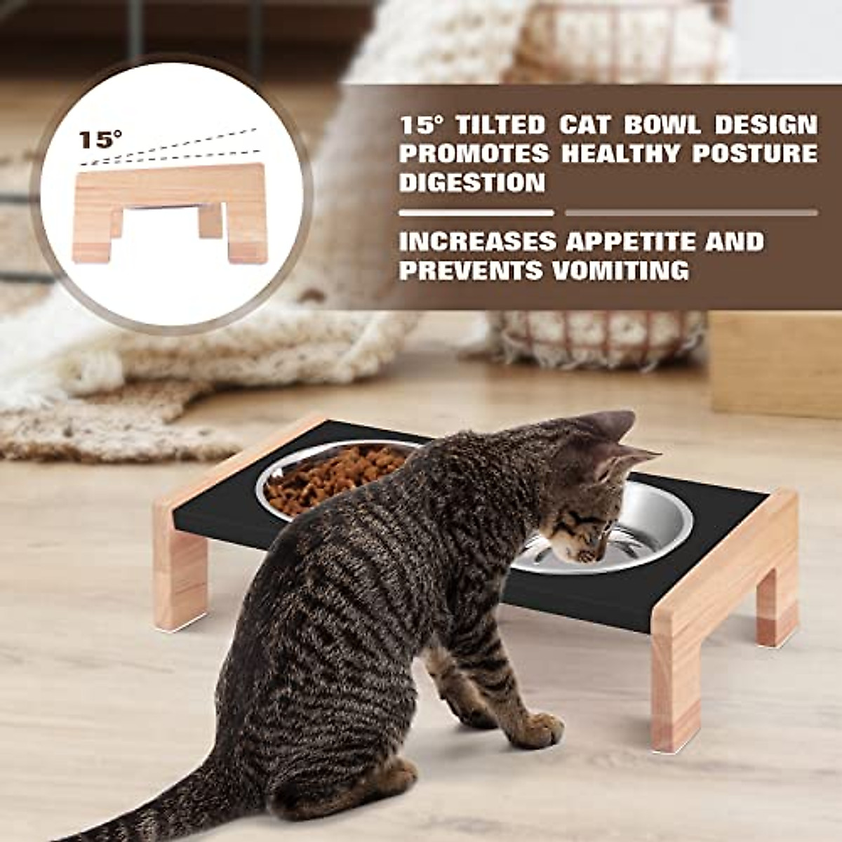 PEEKAB Raised Cat Bowls Elevated Small Dog Bowls,15°Tilted Raised Solid Wood Bowl Holder with 2 Stainless Steel Cat Bowls for Food and Water,Pet Bowls for Indoor Cats and Puppies Small Sized Dogs