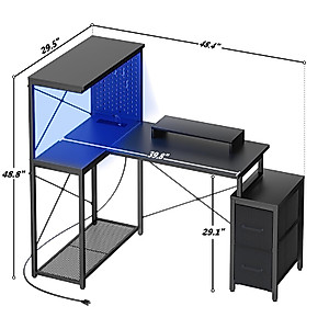 L Shaped Gaming Desk with 2 Fabric Drawers - Reversible Computer Desk with Power Outlet & LED Lights, 48" Corner Desk with Monitor Stand & Storage Shelves, Office Study Table with Pegboard, Pink