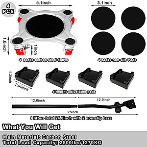 Heavy Duty Furniture Movers Dolly with 5 Wheels Carbon Steel Panel Furniture Lifters Tool Set 360°Rotation Rubber Wheel with 2 Brakes 2800LBs Load Capacity Moving Dolly for Large Furniture（Silver）