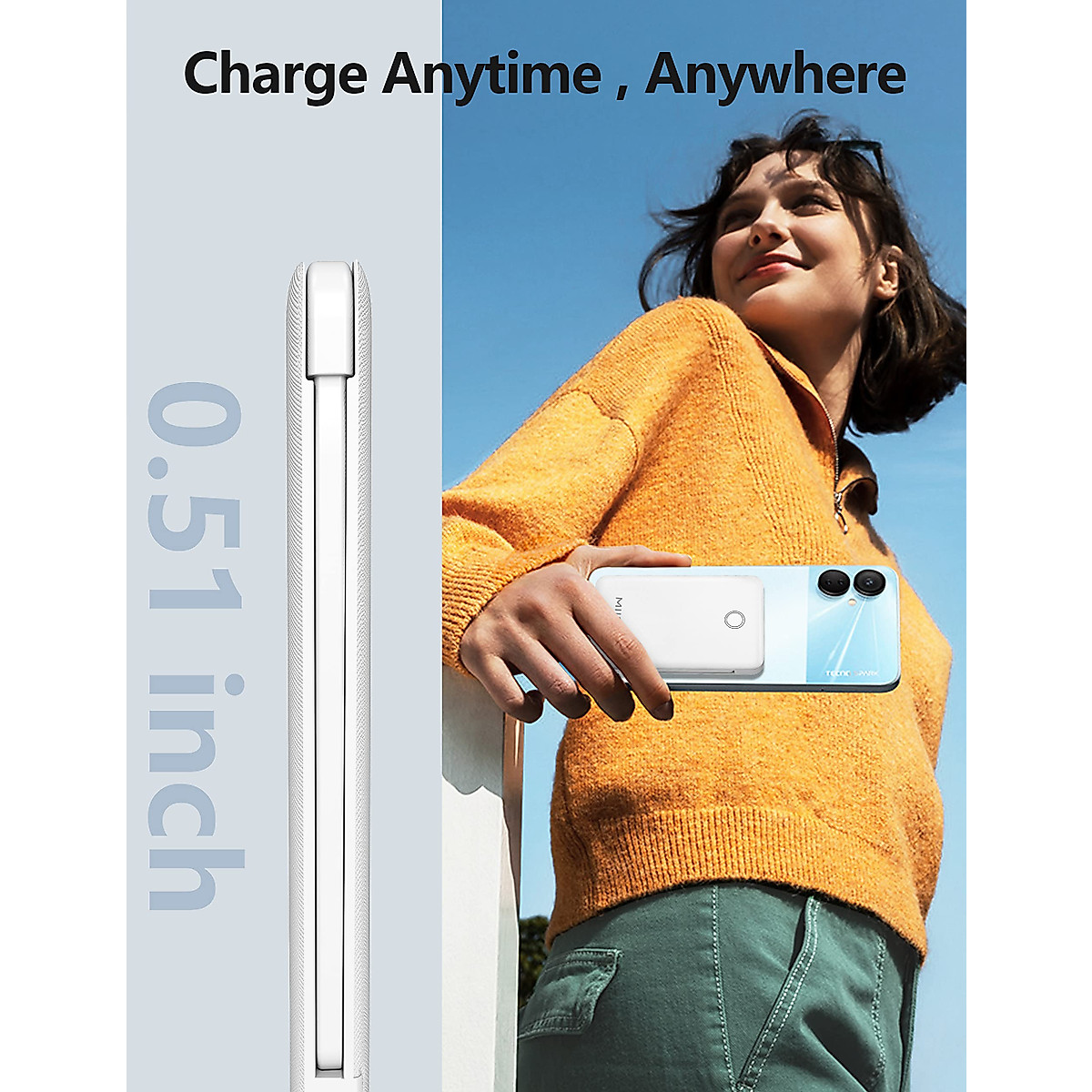 miisso 6000mah Card Size Built in Cables Power Bank, Built in USB C Cords Battery Pack Travel Charger Portable Charger for Phones, 4 Output Ultra Slim Battery Pack Compatible with iPhone, White
