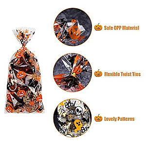 VARACL 100 Pieces Halloween Cellophane Bags, Halloween Clear Plastic Treat Bags Candy Cookies Goody Bags with Twist Ties for Halloween Party Favor Supplies