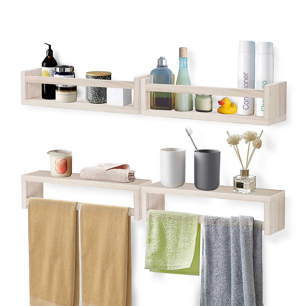 LIANTRAL Kids Bookshelf for Wall, Set of 4 Wall Bookshelf for Kids Room, Nursery Book Shelves for Bedroom Bathroom Kitchen Nursery Decor, Book Shelf Organizer, Natural Wood