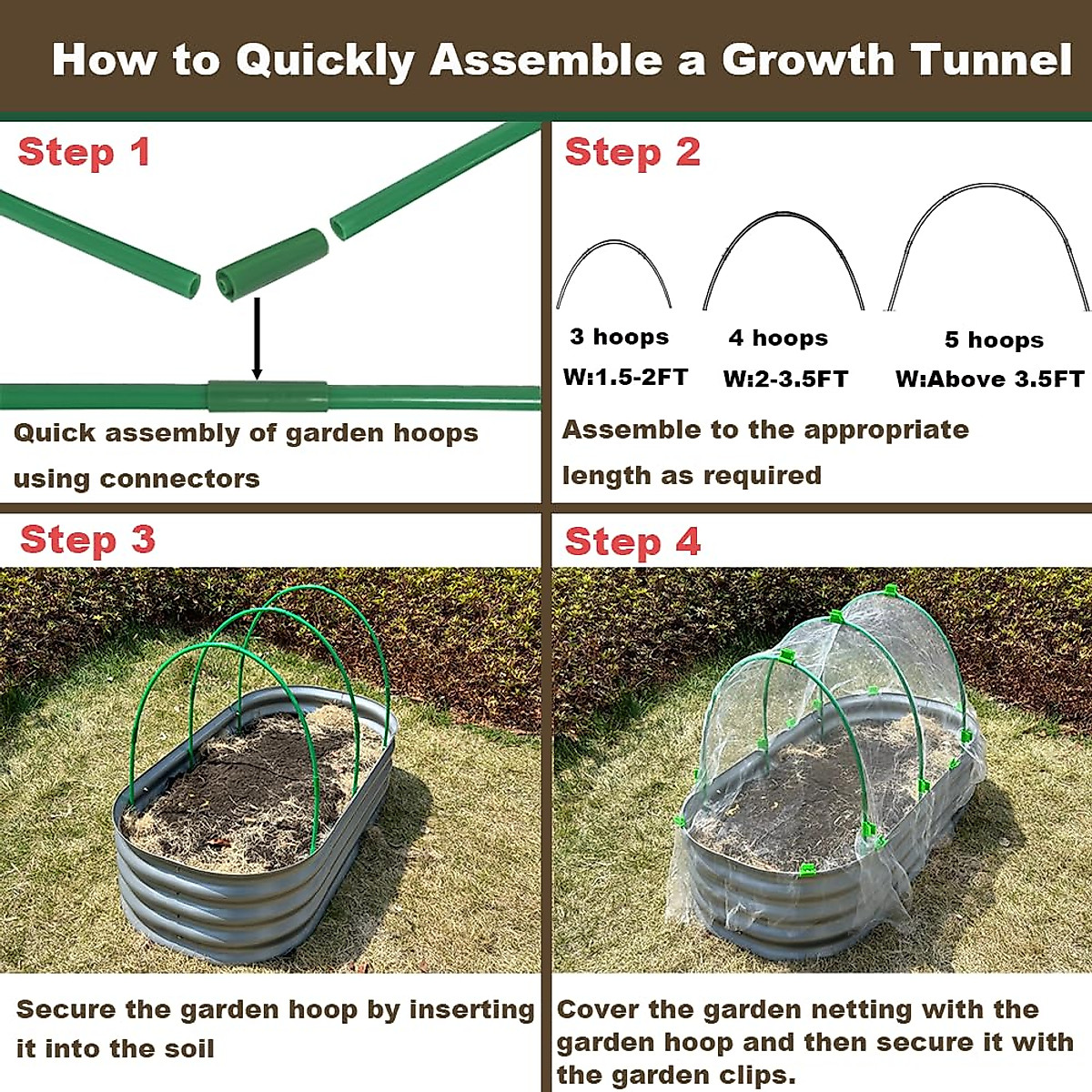 PirateAnt Greenhouse Hoops Set for DIY Grow Tunnel，Thickened High Tenacity PP Garden Hoops for Row Cover，Green Garden Hoops for Raised beds，DIY Plant Support Garden Stakes, 25pcs