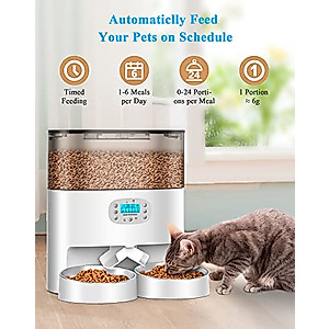 Automatic Cat Feeder, HoneyGuaridan 6L Pet Feeder for 2 Cats & Dogs, Auto Cat Dry Food Dispenser with Desiccant Bag, Timer Feeder Portion Control 1-6 Meals per Day, Dual Power Supply, Voice Recorder