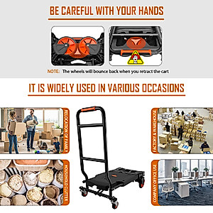 Folding Hand Truck, Dolly Cart Heavy Duty with 440lbs Capacity & 4 Wheels, Portable Hand Truck Dolly, 2in1 Transform Hand Cart, Collapsible Small Platform Cart for Home/Office/Travel Use, Easy Storage