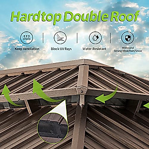 Aoxun 12FT×20FT Hardtop Aluminum Gazebo, Outdoor Metal Frame Canopy Gazebo with a Mosquito Net and Privacy Sidewalls, All-Weather Gazebo Canopy for Patio, Garden, Backyard, Brown