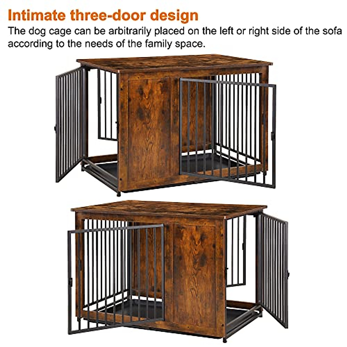 Heybly Furniture Style Dog Crate,Wooden Pet Kennels with 3 Doors,Indoor Pet Crate End Table with Removable Tray for Dogs Under 60lbs, Rustic Brown and Black HFC102SR