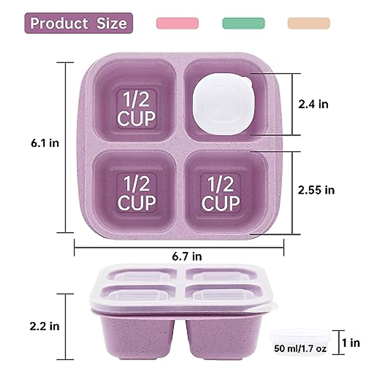 Luriseminger 4 Pack Bento Lunch Box，4 Compartment Snack Containers，Divided Bento Snack Box，Meal Prep Containers Kids/Toddle/Adults,Food Storage Containers for School, Work and Travel