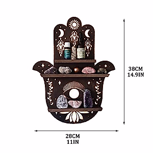 Crystal Shelf Display Hand Floral Sun and Moon Altar Shelf with-Pendulum and Necklace Stand Wooden Creative Crystal Wall Shelf