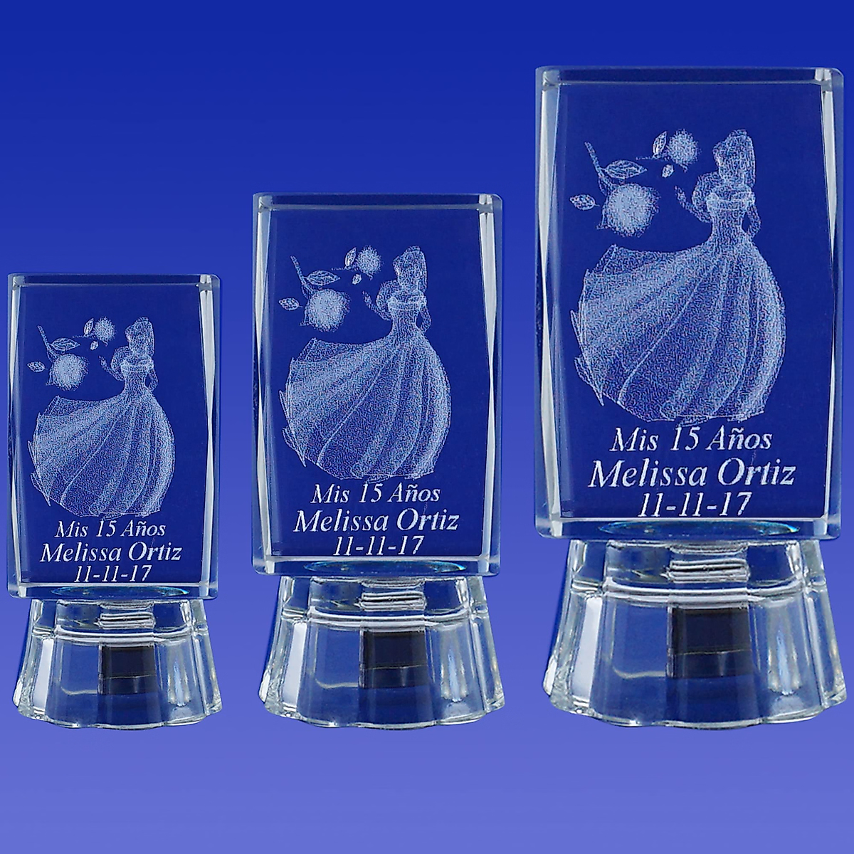 " Princesa Quinceañera Party Favor 12 Pieces 3D Princess Quinceañera Crystal Favor Personalization Customization Laser Engraving - Birthday, Mis XV Años, Mis 15 Años, Sweet 15 and Sweet 16" (4"H)