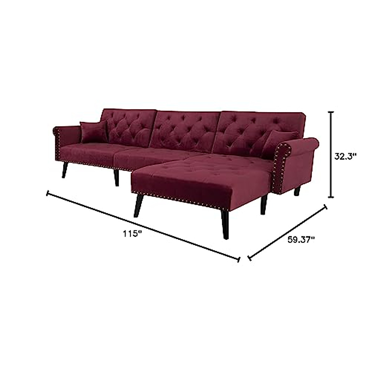 FANYE Red L-Shaped 3 Seater Convertible Sleeper Bed,Corner Velvet Tufted Sectional Sofa & Couch with Reversible Chaise and Nailhead Decor for Home Office Apartment Living Room