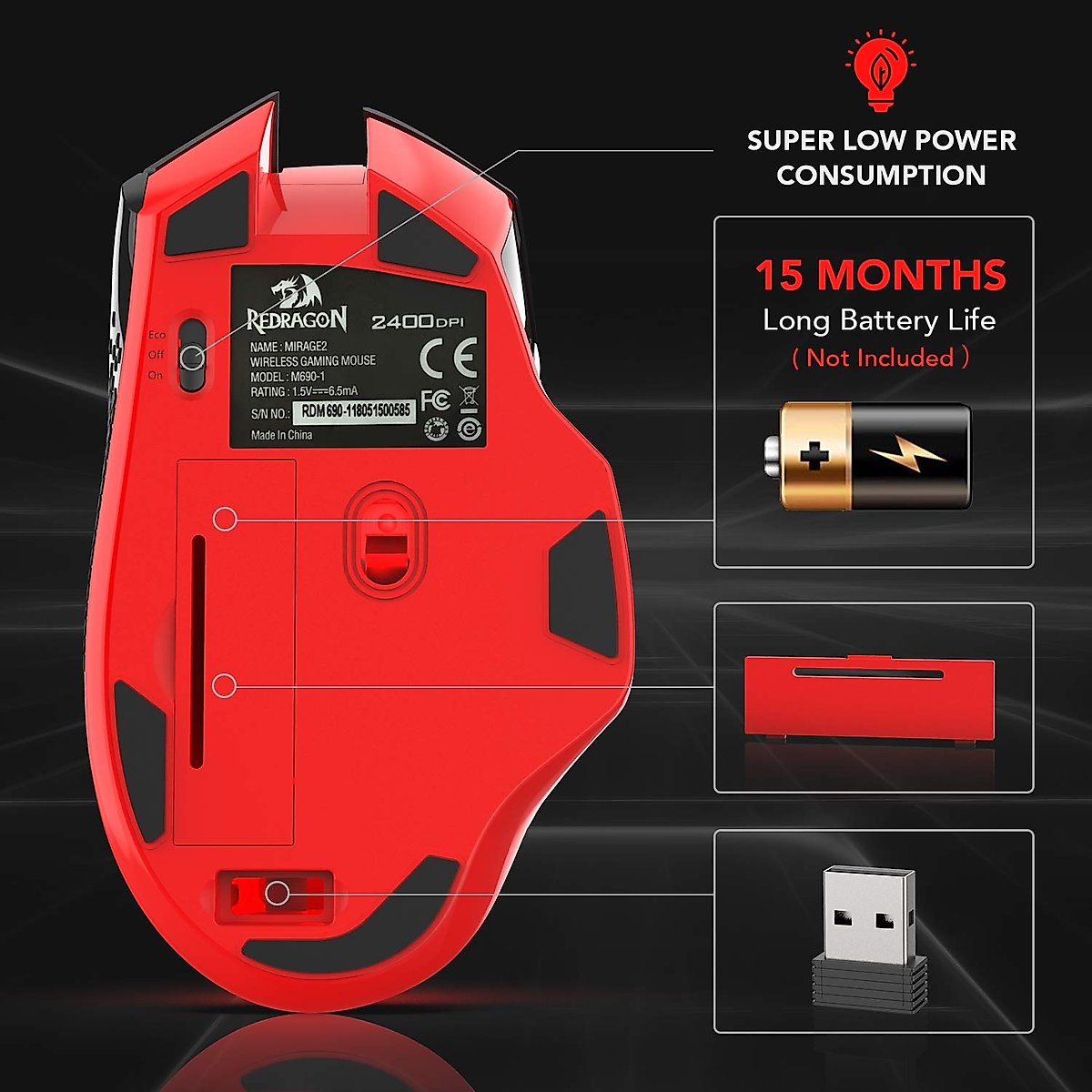Redragon M690-1 Wireless Gaming Mouse with DPI Shifting, 2 Side Buttons, 2400 DPI, Ergonomic Design, 8 Buttons-Black