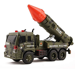 Vokodo Military Launcher Truck Friction Powered Fighter with Lights Sounds and Pull Back Missile Kids Push and Go Army Carrier Vehicle Pretend Play Armored Toy Car Great Gift for Children Boys Girls