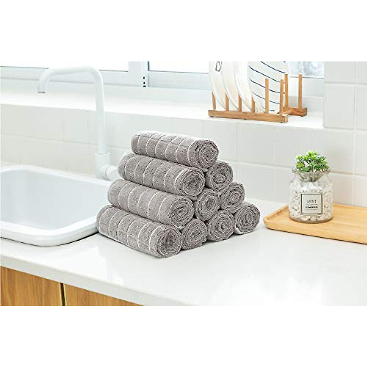 Microfiber Dish Towels - Soft, Super Absorbent and Lint Free Kitchen Towels - 8 Pack (Lattice Designed Gray Colors) - 26 x 18 Inch