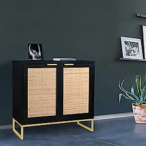 Anmytek Modern Accent Storage Cabinet with 2 Rattan Doors, Mid Century Buffet Sideboard for Living Room Black/Gold, H0046