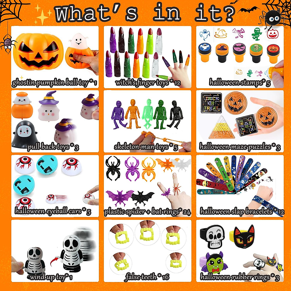 SQZUWIT 200pcs Halloween Party Toys Assortment for Kids Halloween Party Favors Prizes Box Toy Assortment Classroom Trick Treating Halloween Treasure Box Toys
