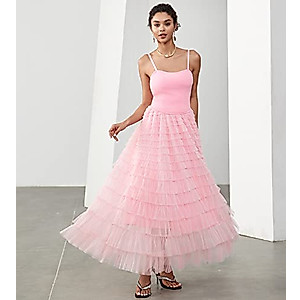 Women's Tulle Maxi Dress Spaghetti Strap Layered Fluffy Ruflfle Prom Birthday Party Long Dress