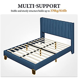 Yaheetech Upholstered Platform Bed with Wing Edge Channel Tufted Headboard Mattress Foundation/Heavy Duty Wooden Slat Support/No Box Spring Needed, Easy Assembly, Navy Blue, Queen Size