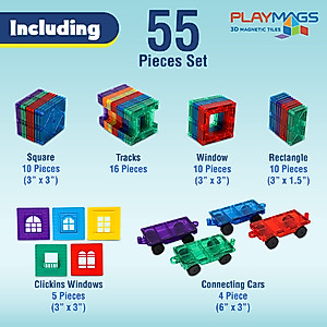 Playmags Magnetic Tiles Train Car Set for Kids - 55pcs Magnet Building Blocks Accessory Set with 4 Cars - Durable Creative STEM Learning Toys for Boys, Girls & Toddlers