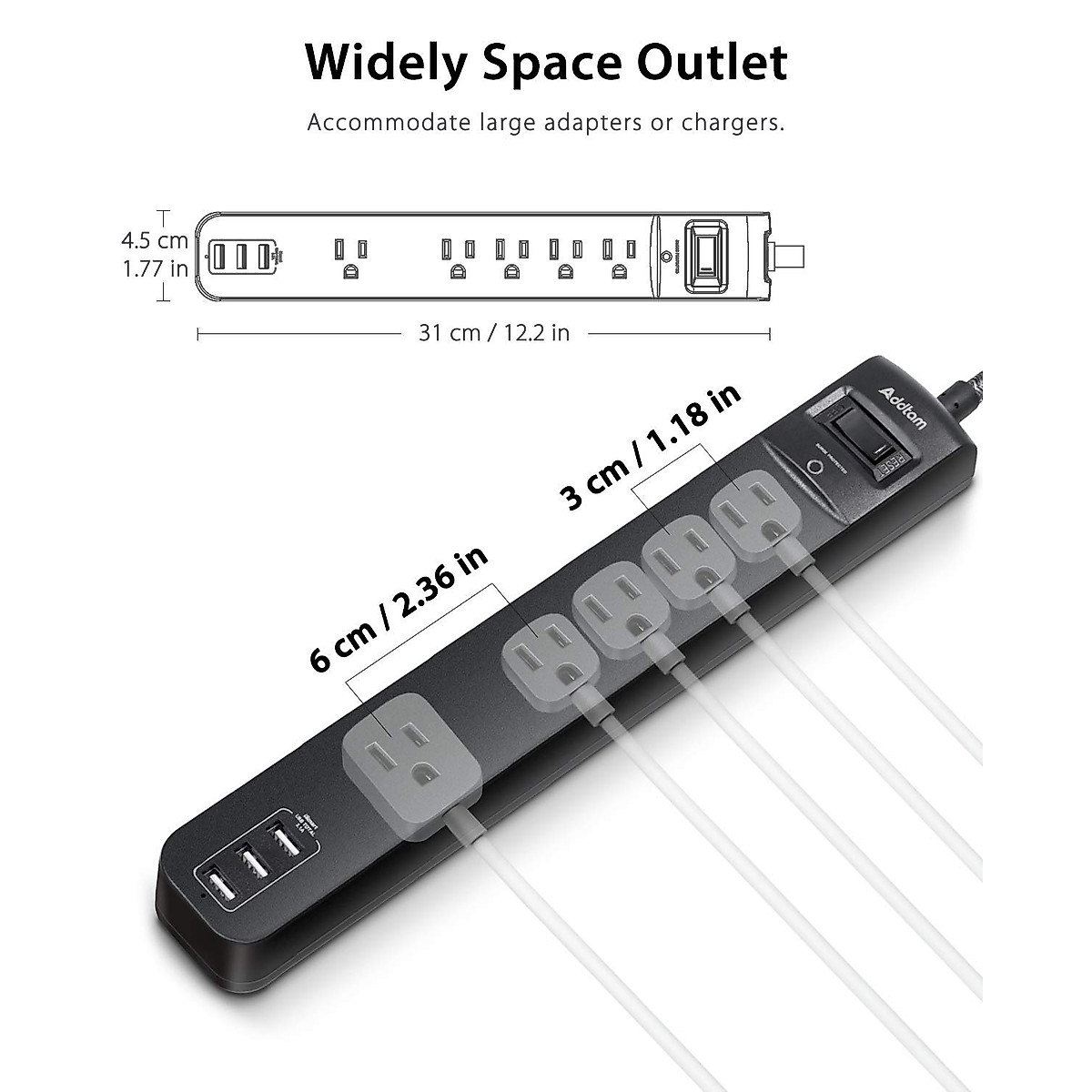 2 Pack Power Strip Surge Protector - 5 Widely Spaced Outlets 3 USB Charging Ports, 1875W/15A with 6Ft Braided Extension Cord, Flat Plug, Overload Surge Protection, Wall Mount for Home Office