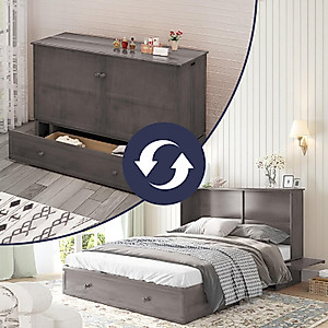 ijuicy Cube Murphy Bed Queen, Murphy Cabinet Chest Bed with Charging Station & 3 Level Foldable Memory Foam Mattress & & Large Drawer for Guests Room (Poplar Grey)