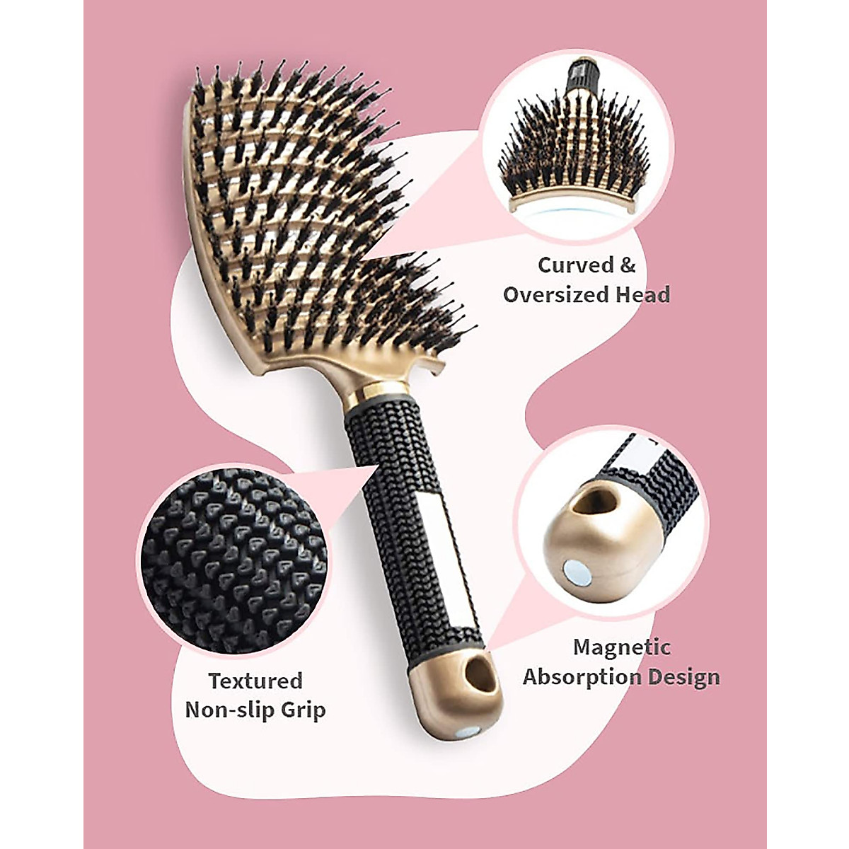 Hairstreaq Detangling Brush, Detangler Hair Brushes, Curved and Vented for Wet or Dry Detangling Hair Brush for Men, Women & Kids’ Long, Thick, Thin, Curly & Tangled Hair (Pink+Gold)