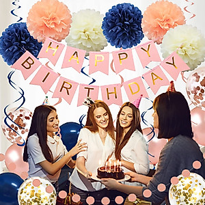 Navy Blue Rose Gold Birthday Decorations for 1st 16th 18th 21th 25th 30th 35th 40th 50th 60th 70th Birthday, Happy Birthday Banner, Navy Blue Rose Gold Birthday Party Supplies