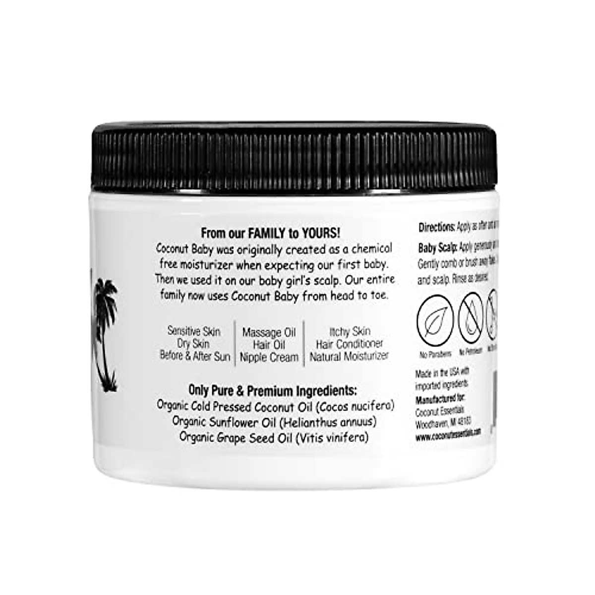 Coconut Baby Oil for Hair & Skin - Organic Moisturizer - All Natural - Massage - Sensitive Skin, Infant Scalp Thick, Dry Hair - with Sunflower & Grape Seed oils - 2 fl oz